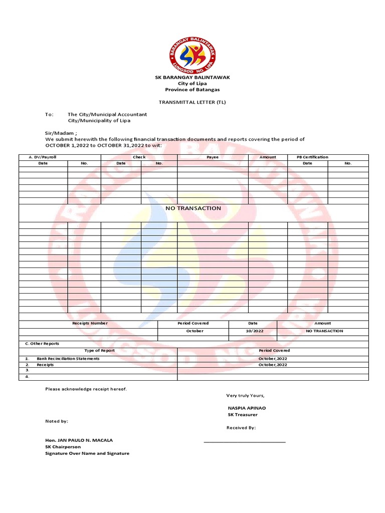 Barangay Balintawak Financial Reports Transmittal | PDF | Personal Finance | Economies
