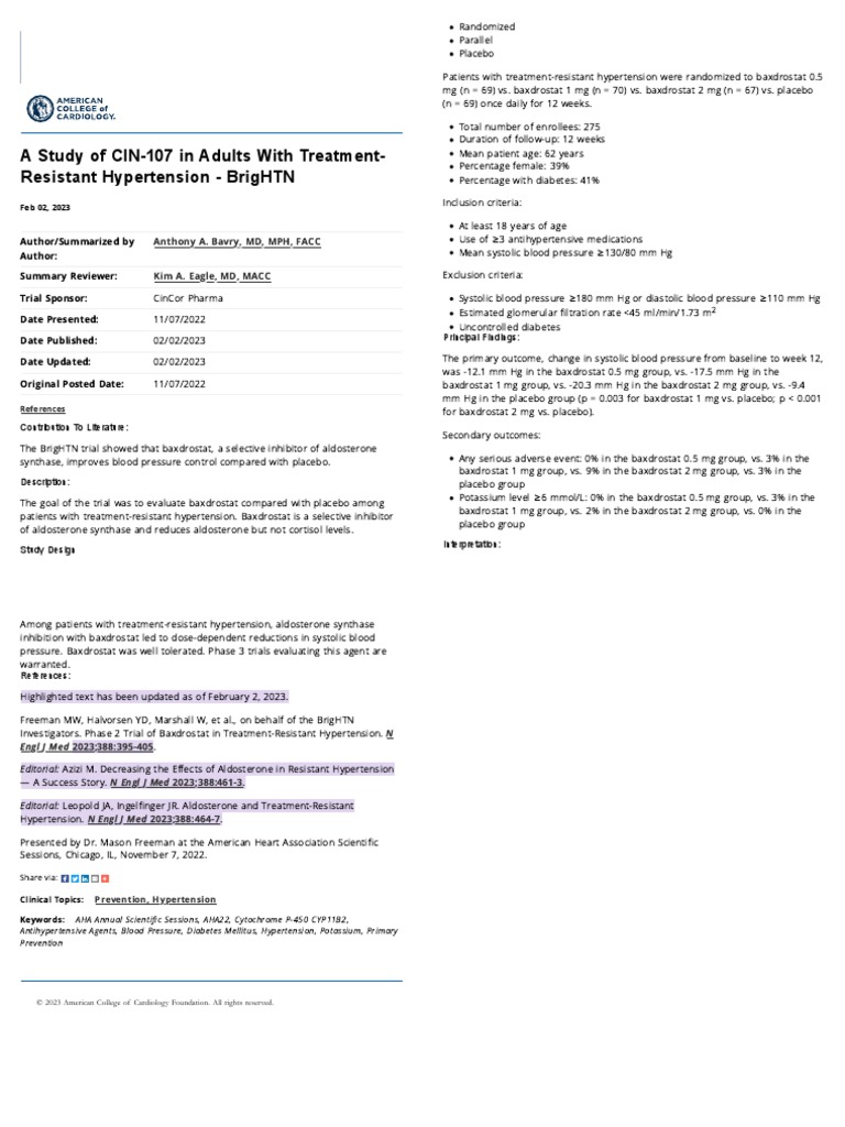 A Study of CIN-107 in Adults With Treatment-Resistant Hypertension - American College of ...