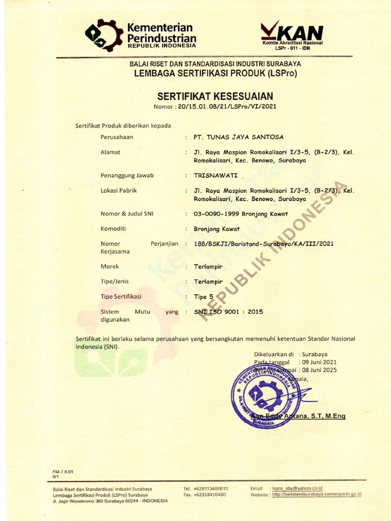 Sertifikat SNI Bronjong Kawat TJS | PDF