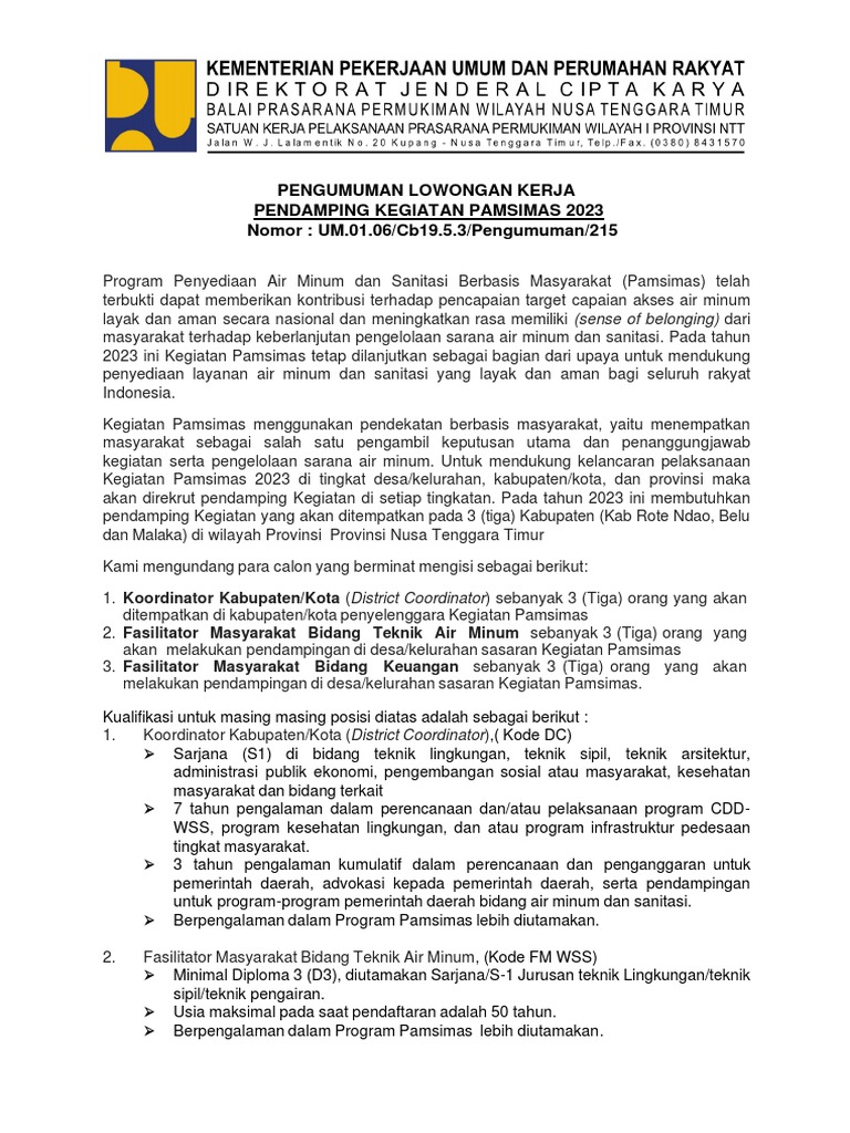 Pengumuman Rekrutmen Pendamping Pamsimas 2023 (Satker PPP Wilayah I NTT) | PDF