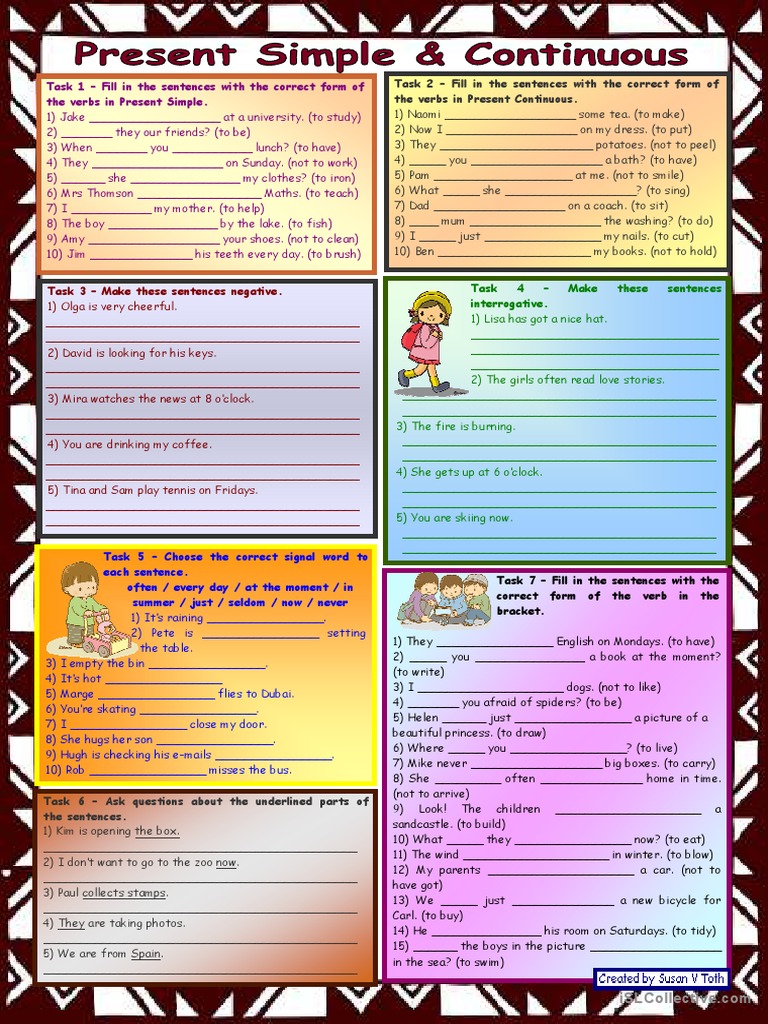 Present Simple and Continuous (3rd) - 7 Tasks - Elementary - Fully Ediatble - With Key - B&W PDF ...