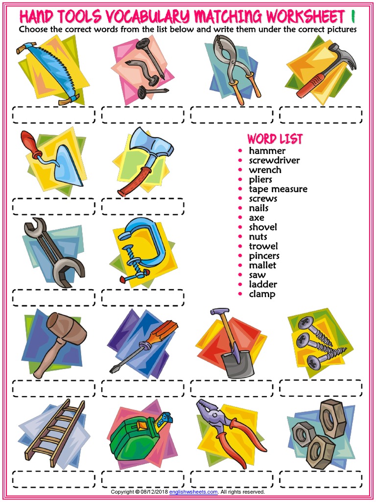 Hand Tools Vocabulary Esl Matching Exercise Worksheets For Kids | PDF ...