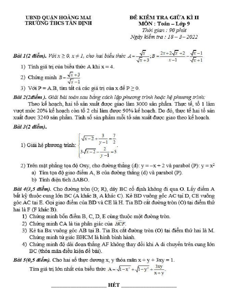De Kiem Tra Giua Ki 2 Toan 9 Nam 2021 2022 Truong Thcs Tan Dinh Ha Noi | PDF
