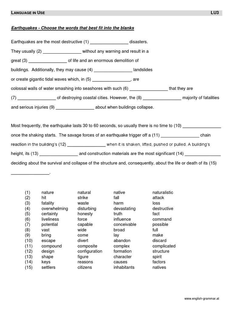 Earthquake Vocabulary Fill-in Exercise | PDF | Earthquakes | Tsunami