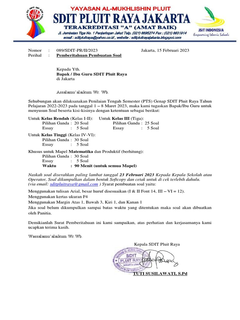 Pembuatan Soal PTS SDIT Pluit Raya | PDF