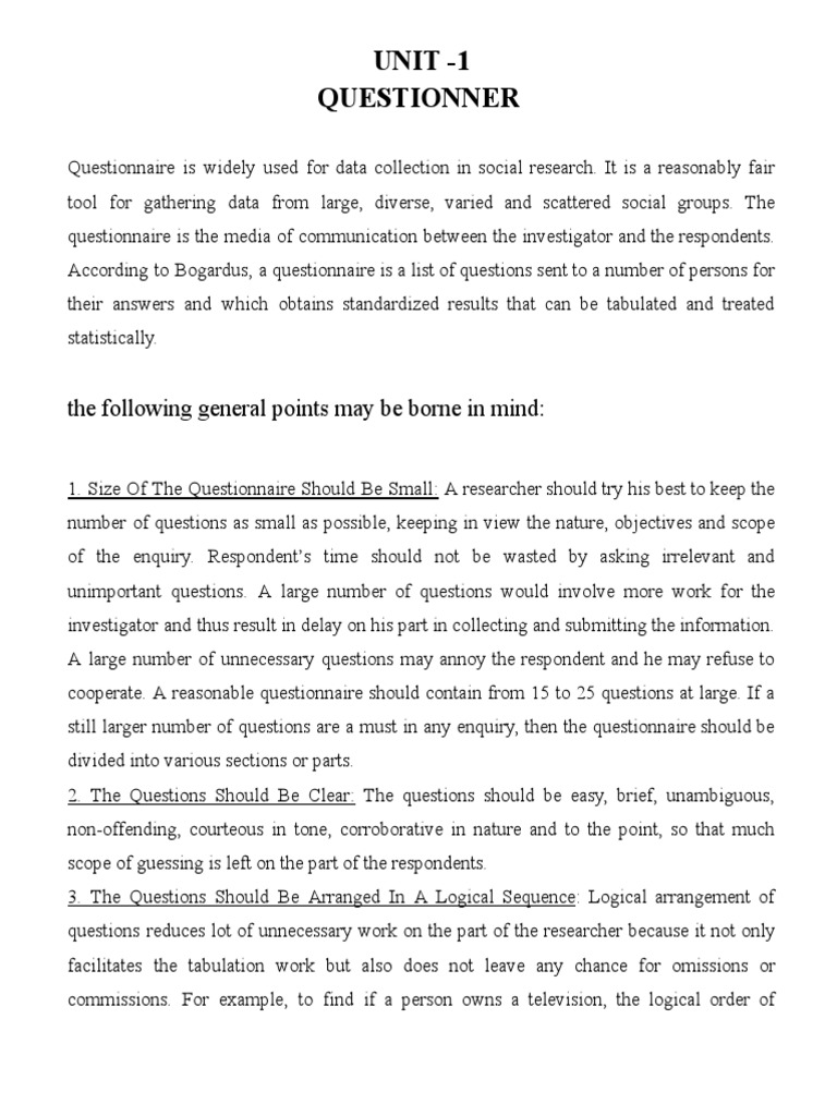 Unit 1 Questionner | PDF | Multiple Choice | Questionnaire