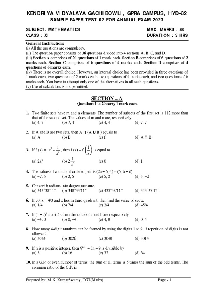 Maths Class Xi Sample Paper Test 02 For Annual Exam 2022 23 | PDF ...