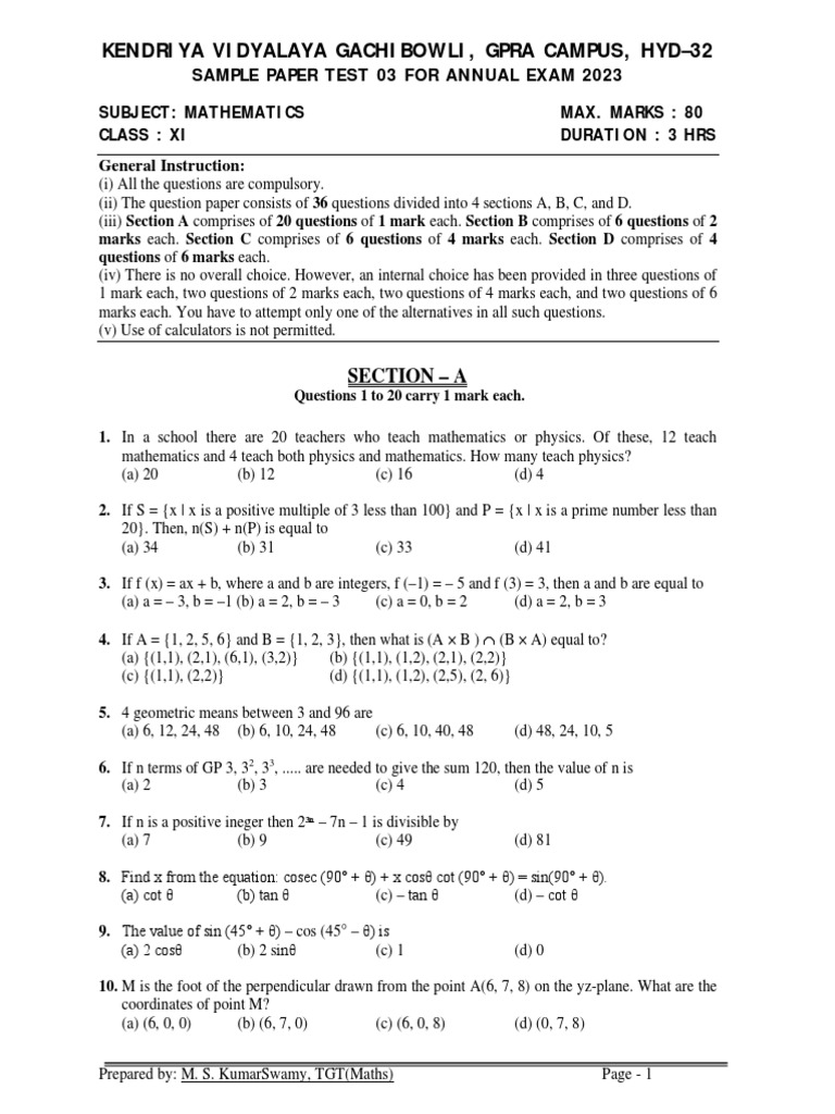 Maths Class Xi Sample Paper Test 03 For Annual Exam 2022 23 | PDF ...