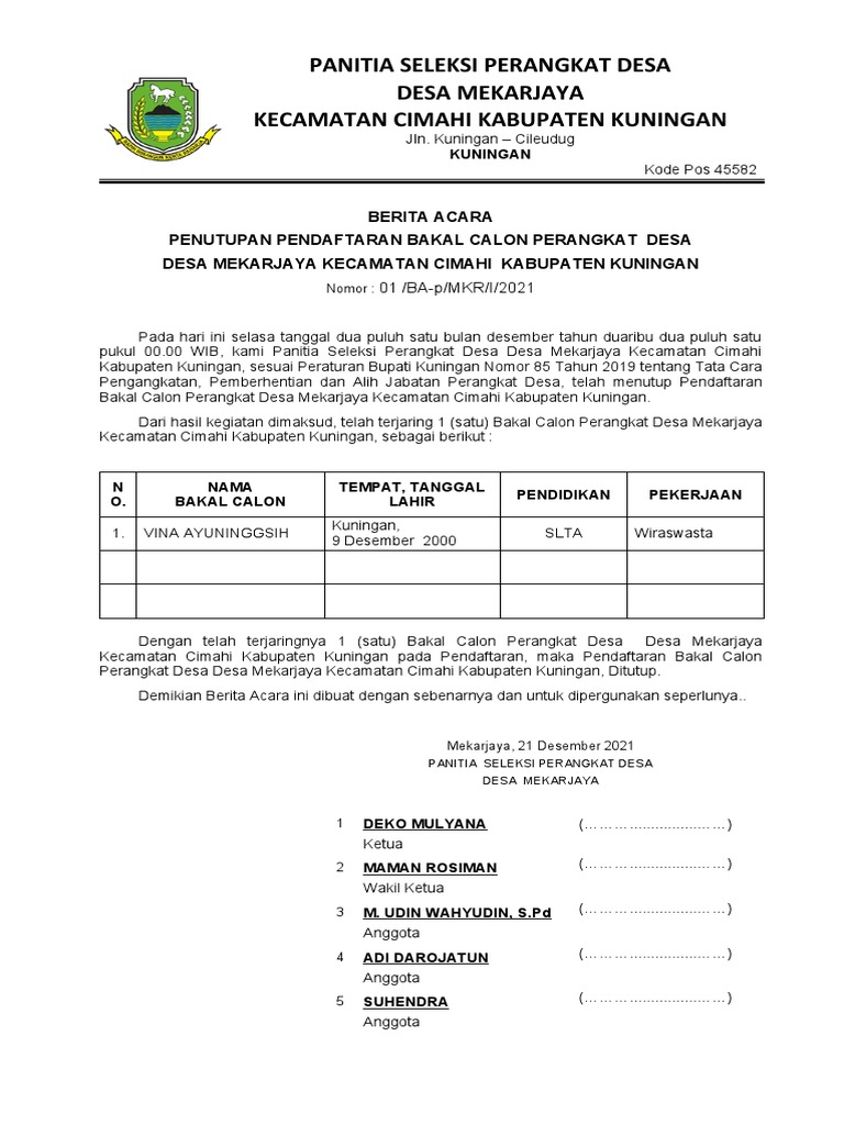Penutupan Pendaftaran Perangkat Desa Mekarjaya | PDF