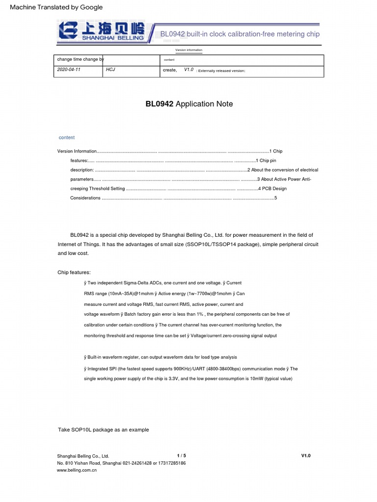 BL0942 App Note - V1.0 - English - Google - Translated | PDF | Resistor | Volt