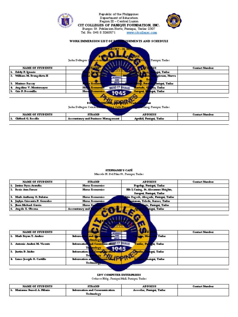 Work Immersion Schedule 2023 | PDF | Philippines