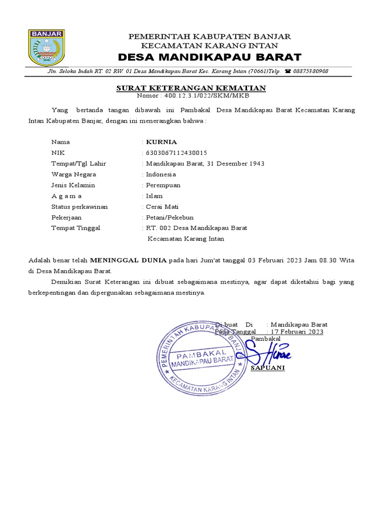 Contoh Surat Keterangan Kematian | PDF