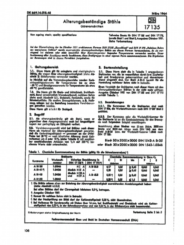 DIN 17135 - 1964 - Alterungsbeständige Stähle - Gütevorschriften PDF | PDF