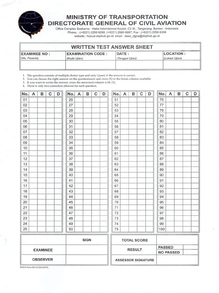 DGCA Form 65-13 Written Test Answer Sheet - Oct 2017 | PDF
