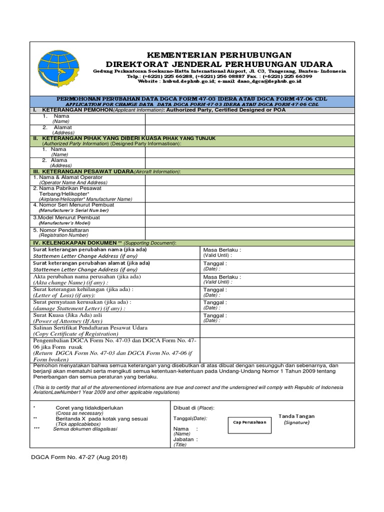 Dgca Form 47-27 Permohonan Perubahan Data Dgca Form 47-03 Idera Atau ...