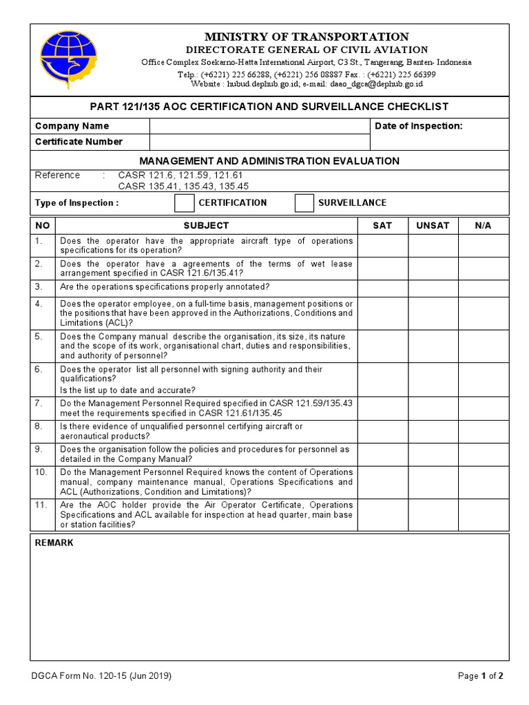 DGCA Form 120-15 Management and Administration Evaluation - June 2019 | PDF | Aviation