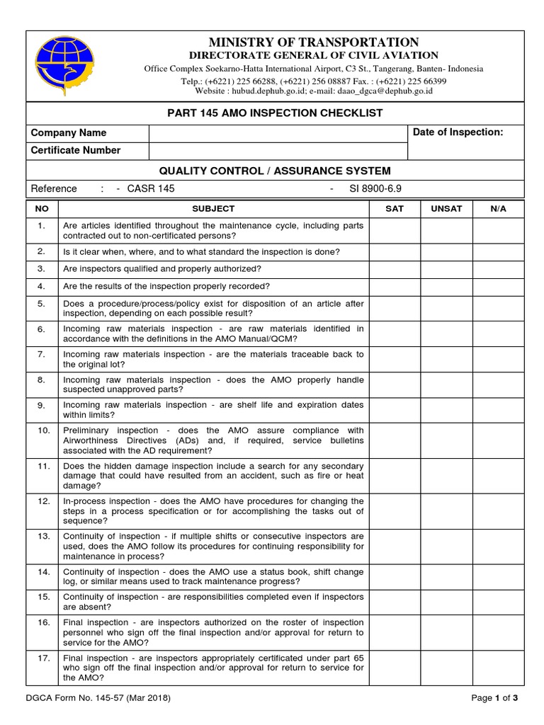 DGCA Part 145 AMO Inspection Checklist | PDF | Audit | Internal Audit