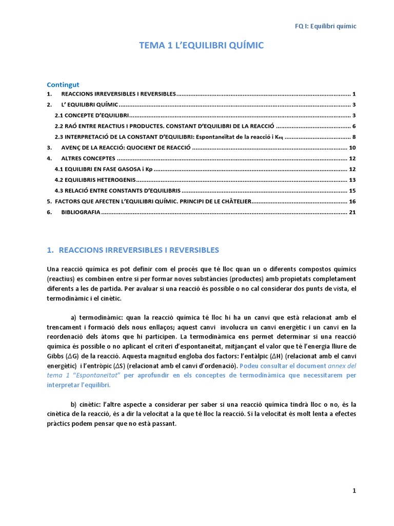 Tema 1 - 2020 - Apunts EQUILIBRI QUIMIC | PDF