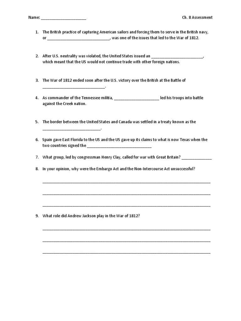 Assessing Key Events and Outcomes of the War of 1812 and its Impact on ...