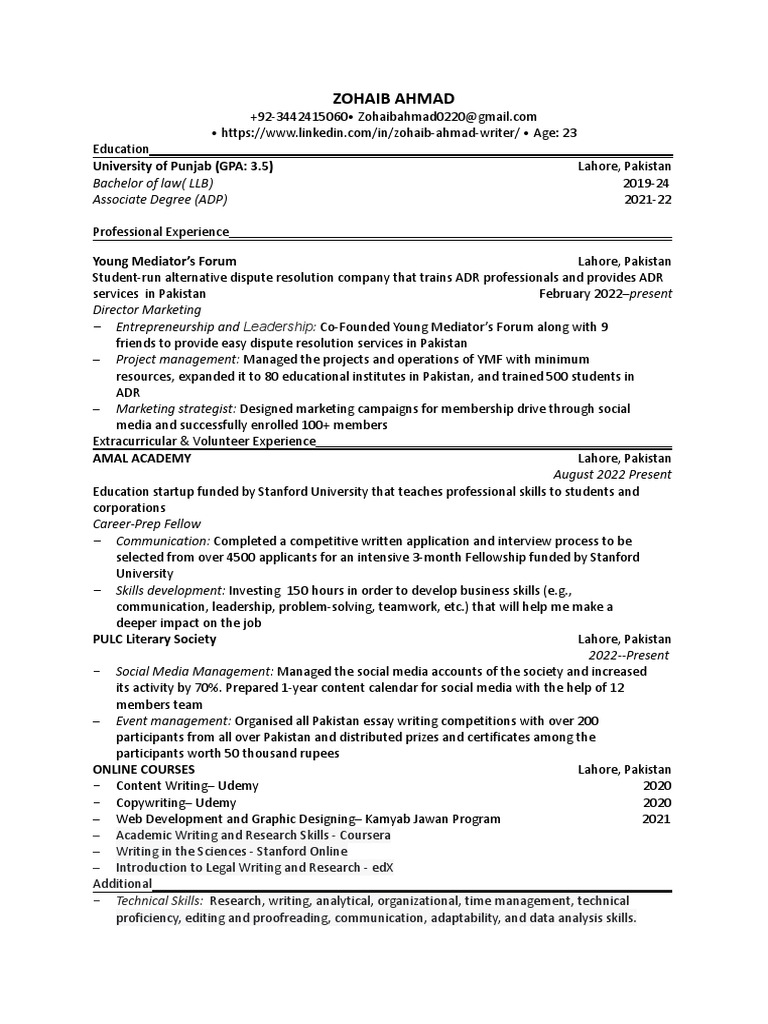 ZOHAIB AHMAD's Resume | PDF | Alternative Dispute Resolution | Pakistan