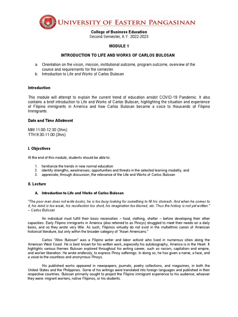 Module 1 Introduction To Life and Works of Carlos Bulosan | PDF | Philippines | Cognitive Science