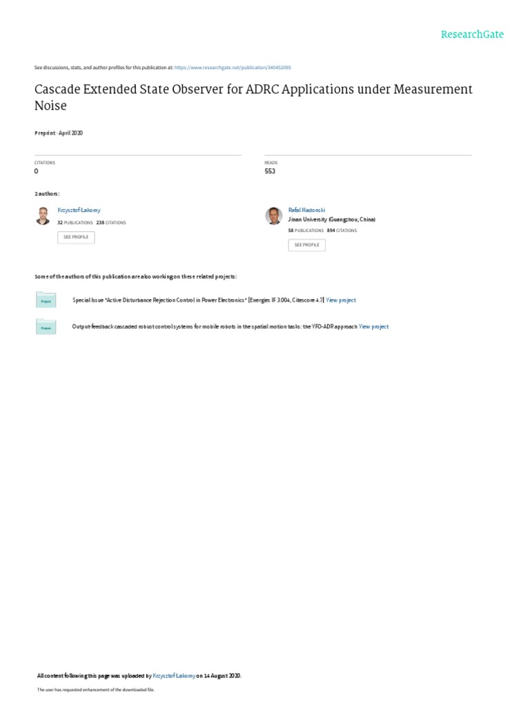 Cascade Extended State Observer For ADRC Applications Under Measurement Noise PDF | PDF ...