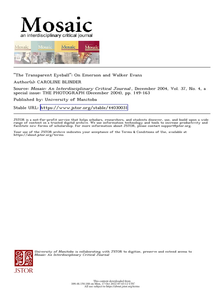 Blinder, C. The Transparent Eyeball - On Emerson and Walker Evans PDF | PDF