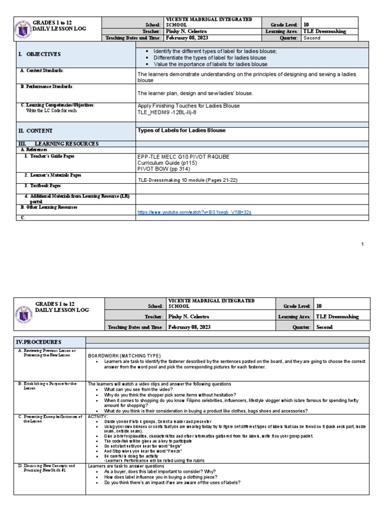 DLL Dressmaking Demo | PDF | Teachers | Clothing