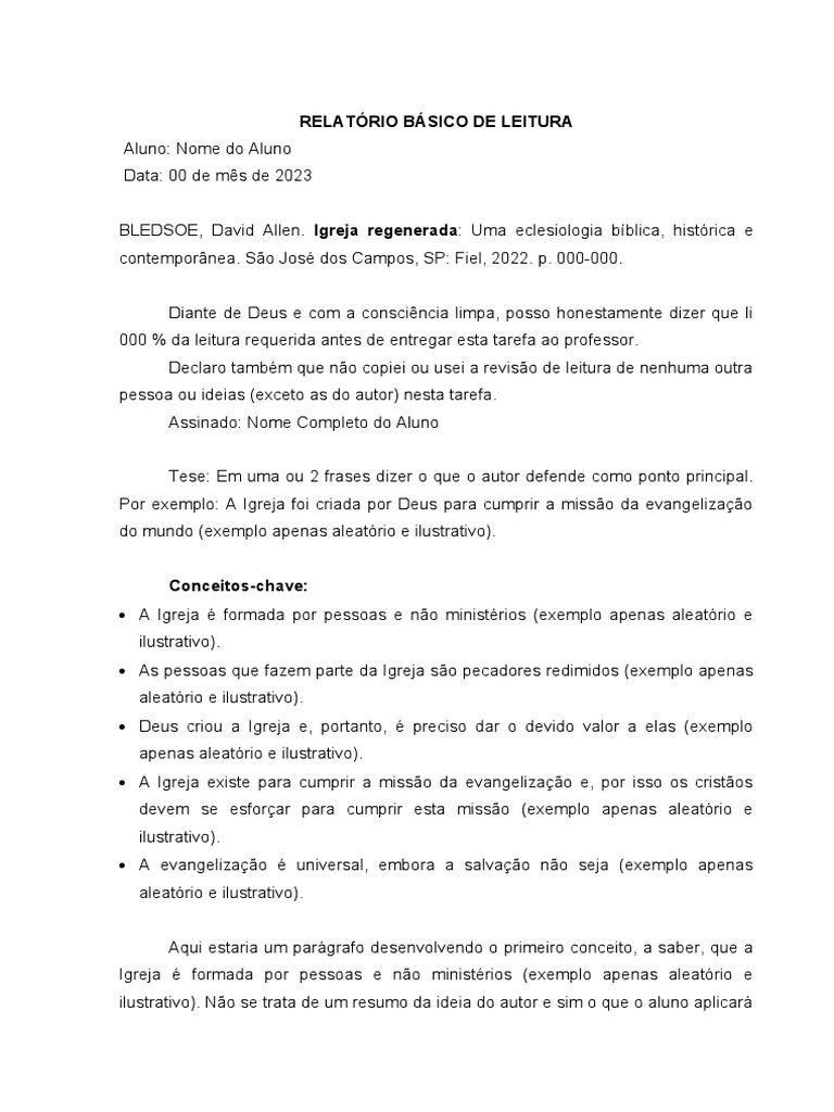 Modelo de Relatório Básico de Leitura | PDF | Igreja católica | Igreja ...