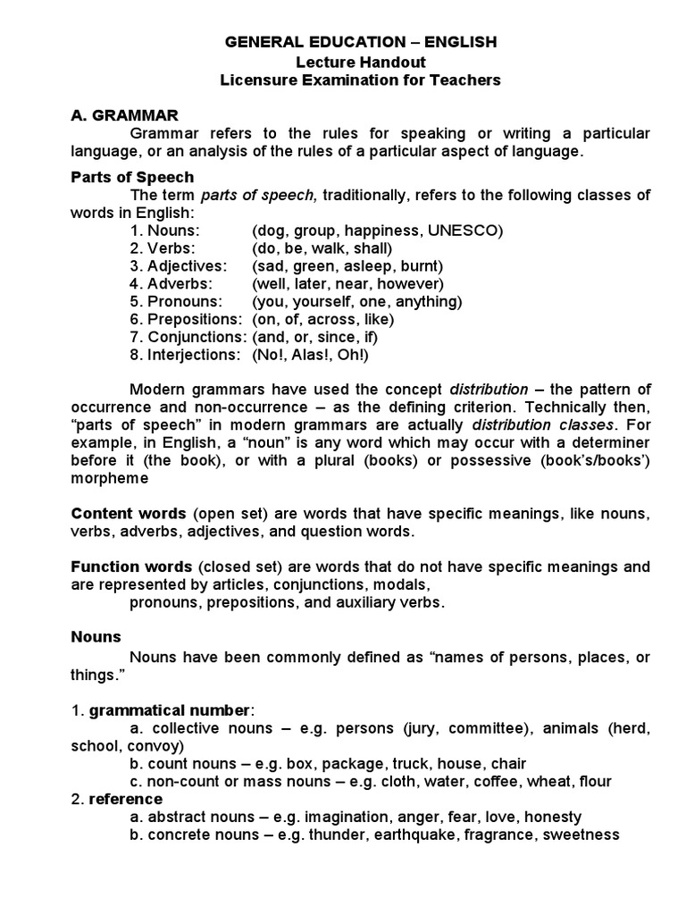 English Grammar Lecture Handout | PDF | Verb | Perfect (Grammar)