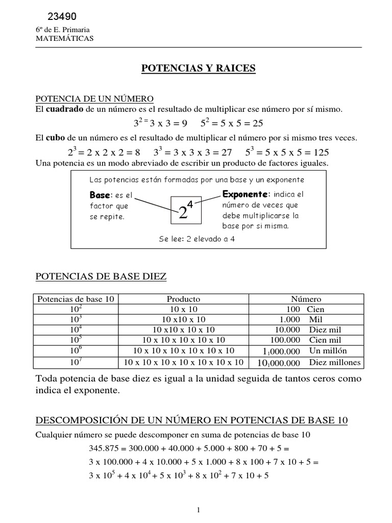 Potencias Y Raices: Base: Exponente | PDF | Exponenciación | Multiplicación
