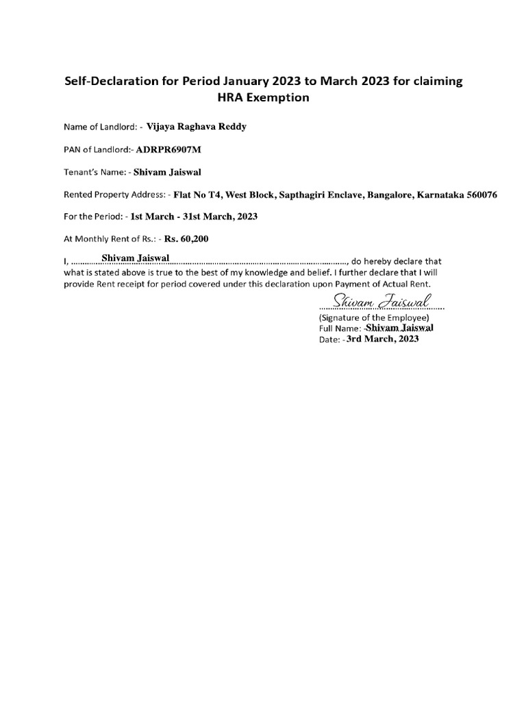 Self Declaration Rent March 23 | PDF