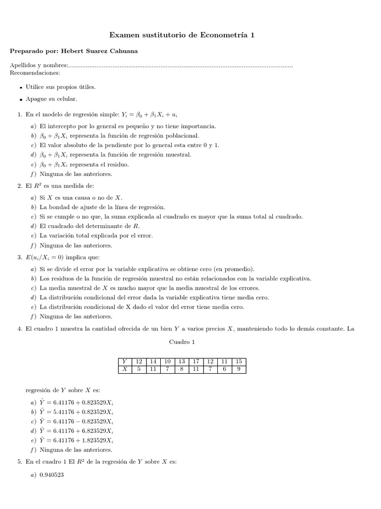 Sustitutorio Econometria 1 | PDF | Mínimos cuadrados ordinarios | Multicolinealidad