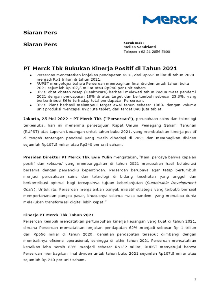Press Release - Public Expose 2022 PT Merck TBK - ID | PDF