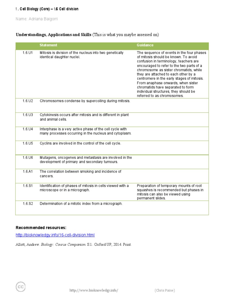 1.6 Cell Division Skeleton Notes | PDF | Mitosis | Chromosome