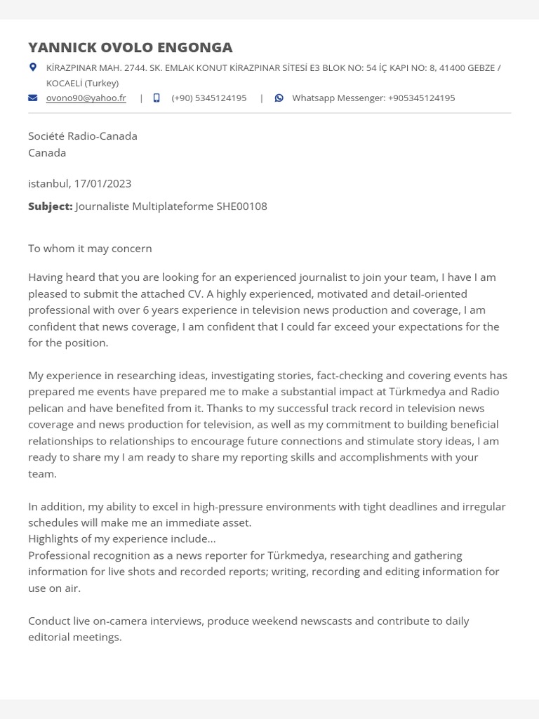 CBC Cover Letter | PDF | News | Canadian Broadcasting Corporation