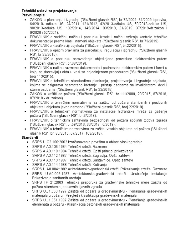 Tehnicki Uslovi Za Projektovanje | PDF