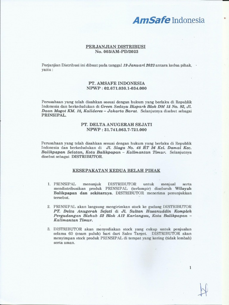 Distribution Agreement - Balikpapan (PT. Delta Anugerah Sejati) PDF | PDF