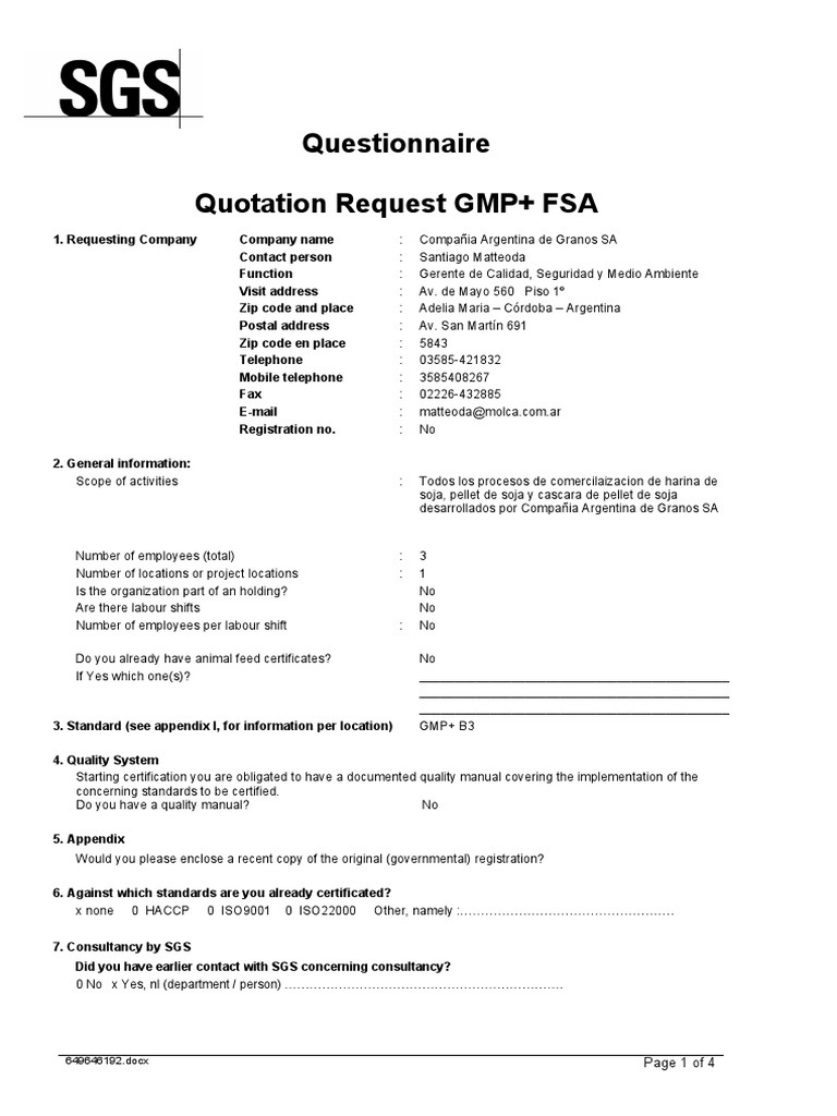 RF4 10a Questionnaire GMP+FSA UK June 2015 - CAGSA | PDF
