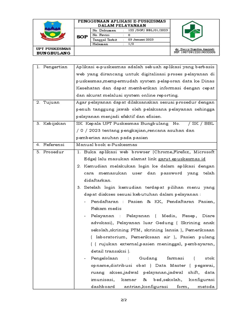 7.2.2.2. Sop Penggunaan Aplikasi E-Puskesmas Di BP Umum | PDF