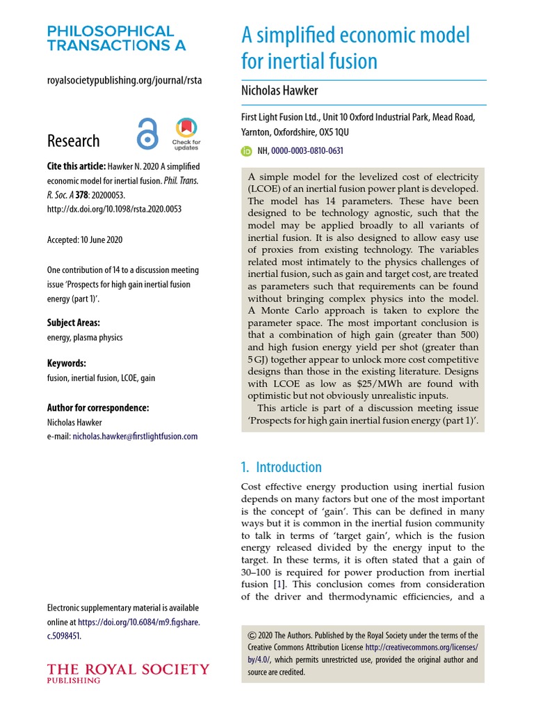 A Simplified Economic Model For Inertial Fusion PDF | PDF | Fusion ...