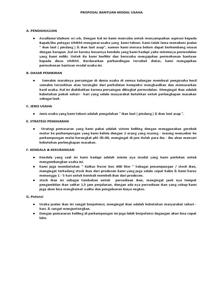 Proposal Bantuan Modal Usaha Ikan Laut | PDF | Memasak, Makanan ...