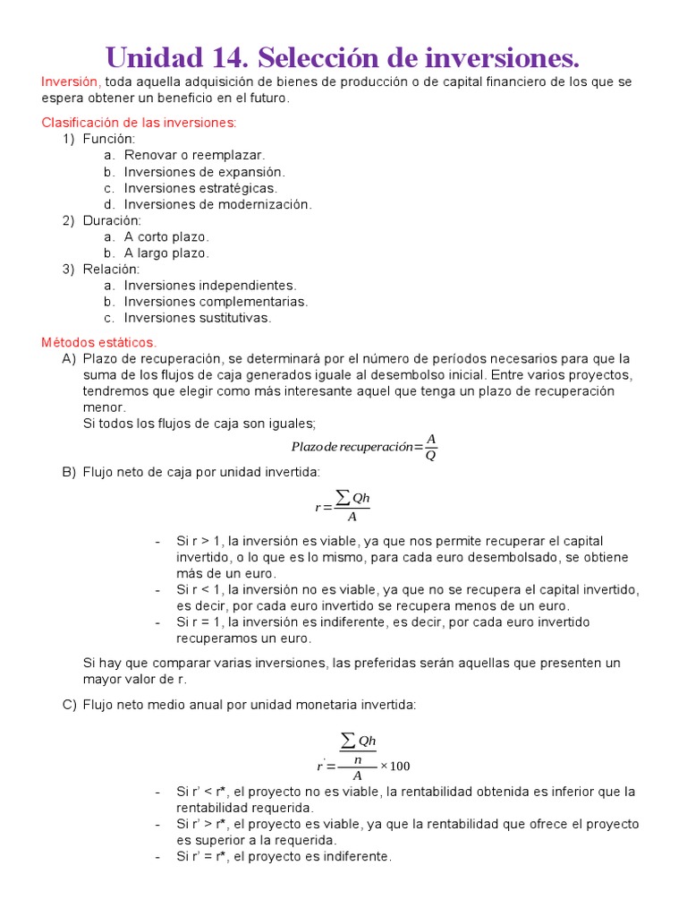Unidad 14. Selección de Inversiones. | PDF | Inversiones | Dinero