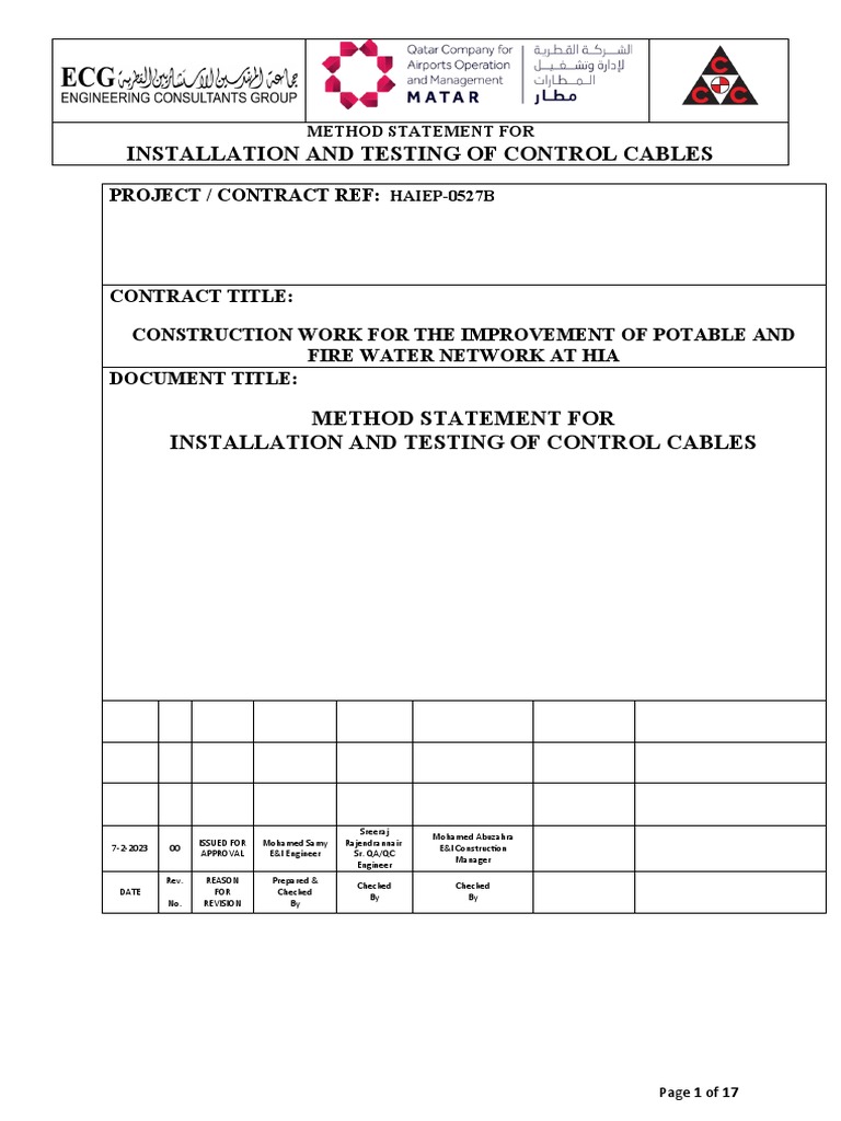 Method Statement For Installation and Testing of Control Cables | PDF ...