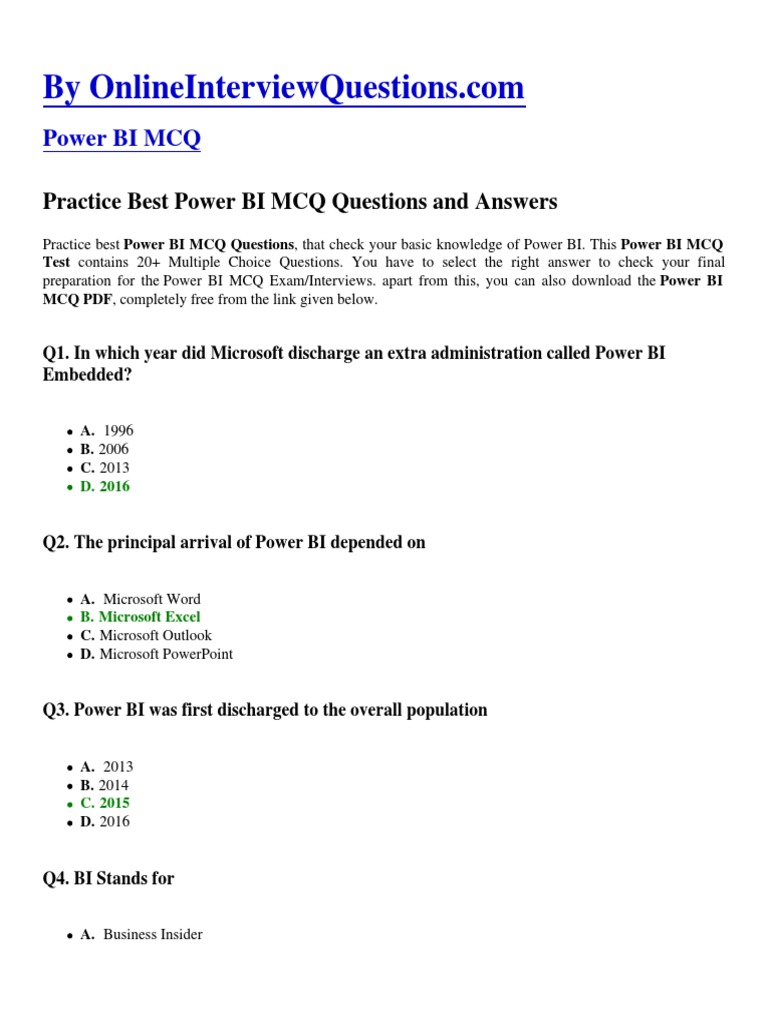 Power Bi MCQ | PDF | Multiple Choice | Databases Power Bi MCQ | PDF | Multiple Choice | Databases