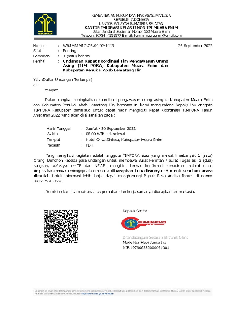 Surat Undangan Peserta Timpora Muara Enim Pali PDF | PDF