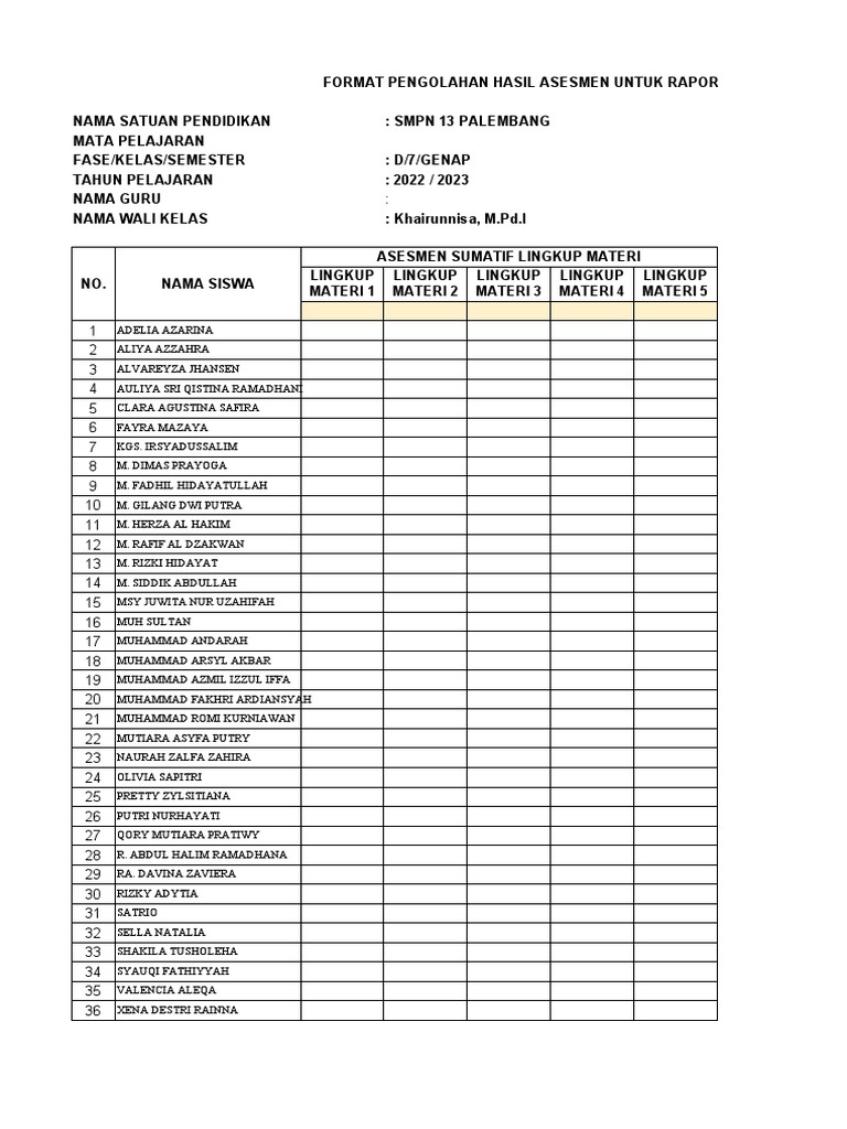 Format Pengolahan Nilai Raport Kumer | PDF