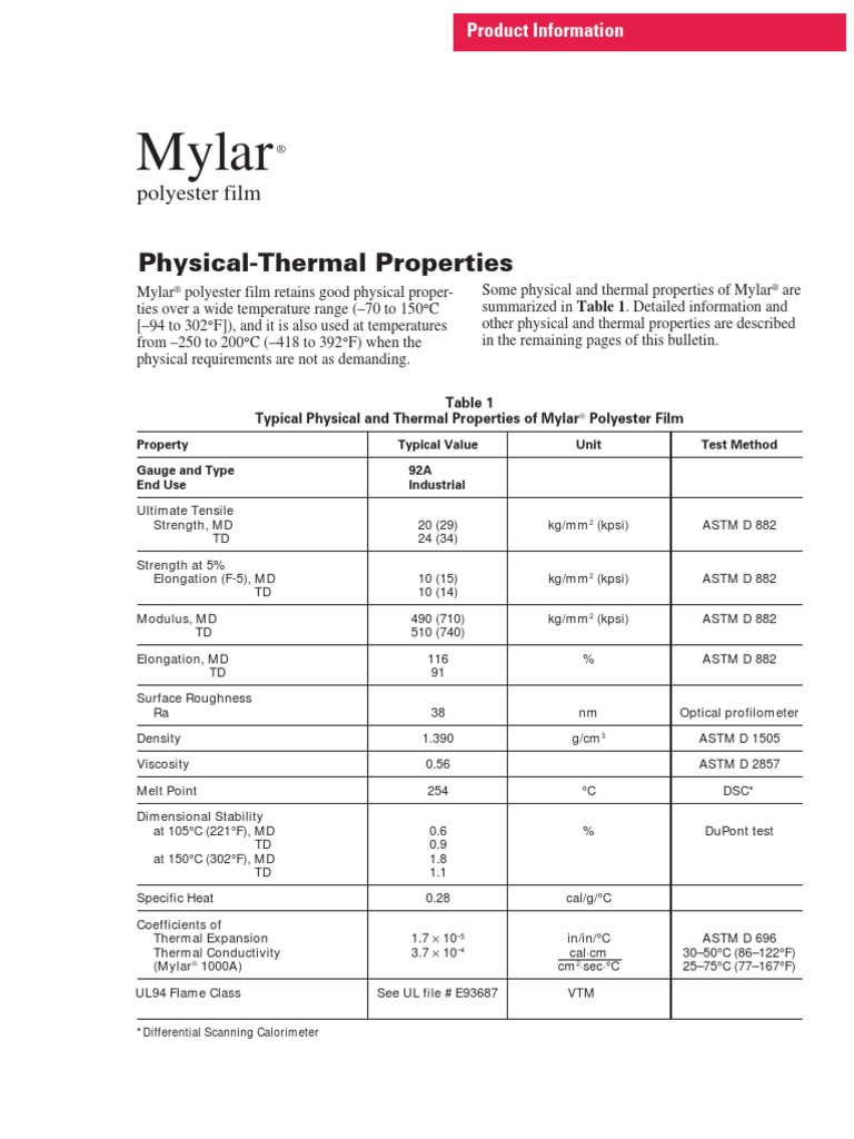 Mylar Physical & Thermal Properties | Download Free PDF | Strength Of ...