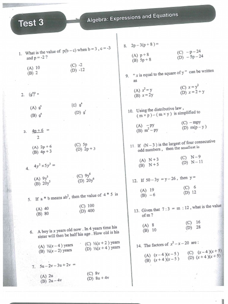 Test 3 Algebra - Expression and Equations | PDF