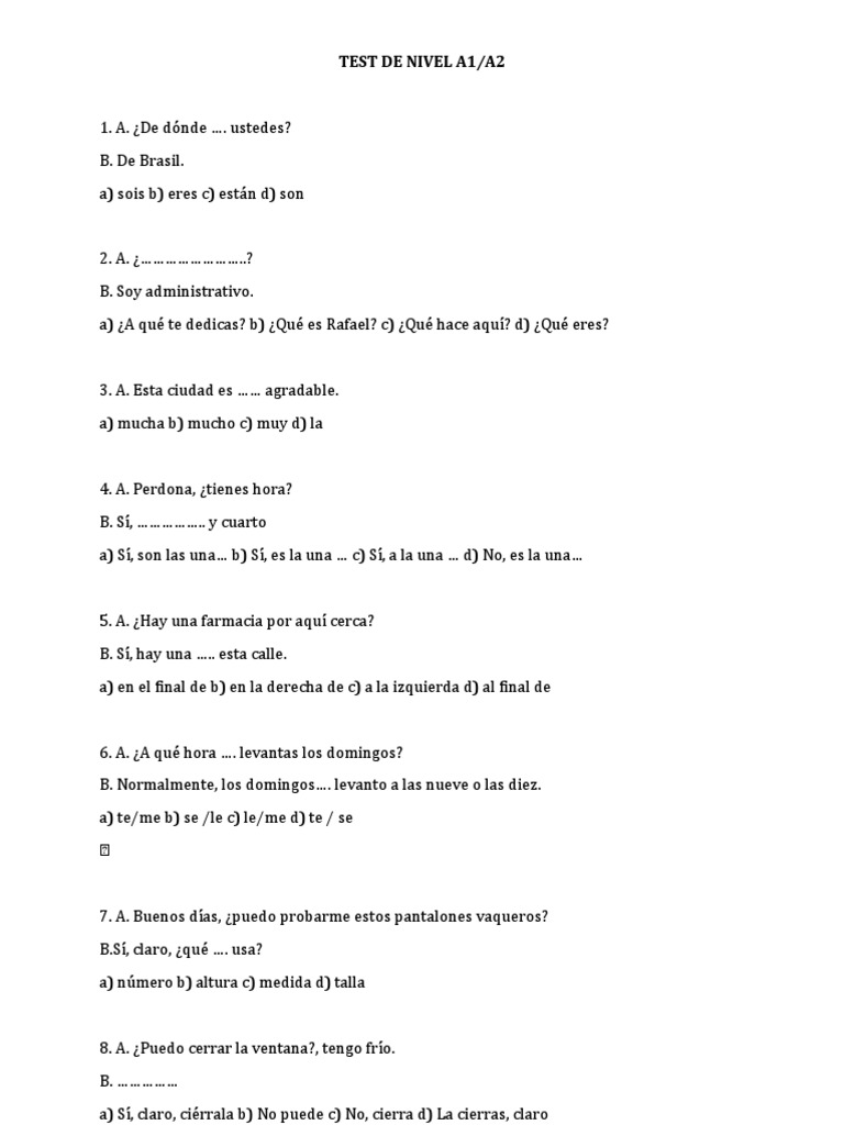 TEST DE NIVEL A1-A2 Español | PDF